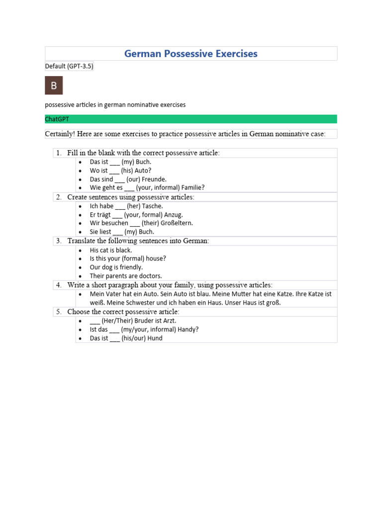 German Possessive Exercises | PDF