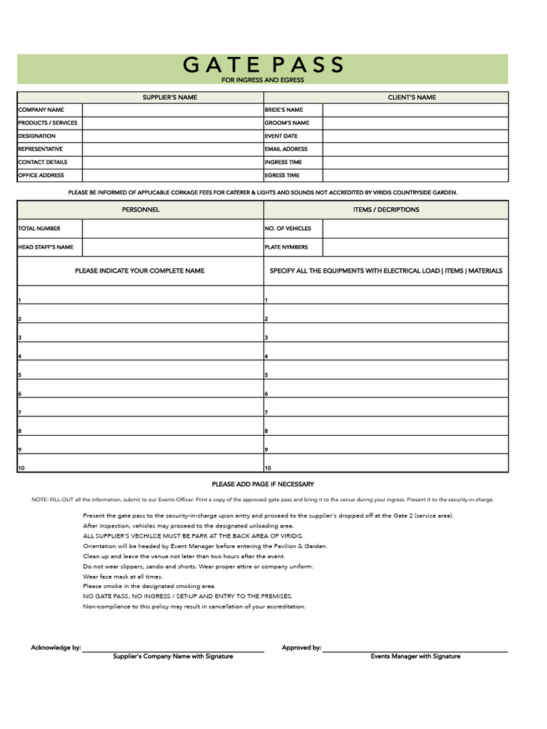 Supplier Gate Pass Instructions for Events | PDF