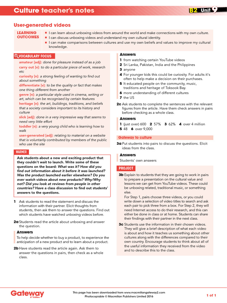 B2 UNIT 9 Culture Teacher's Notes | PDF | Curiosity | Learning