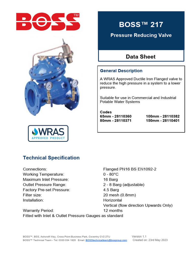 BOSS 217 Flanged Pressure Reducing Valve - Datasheet | PDF | Valve ...