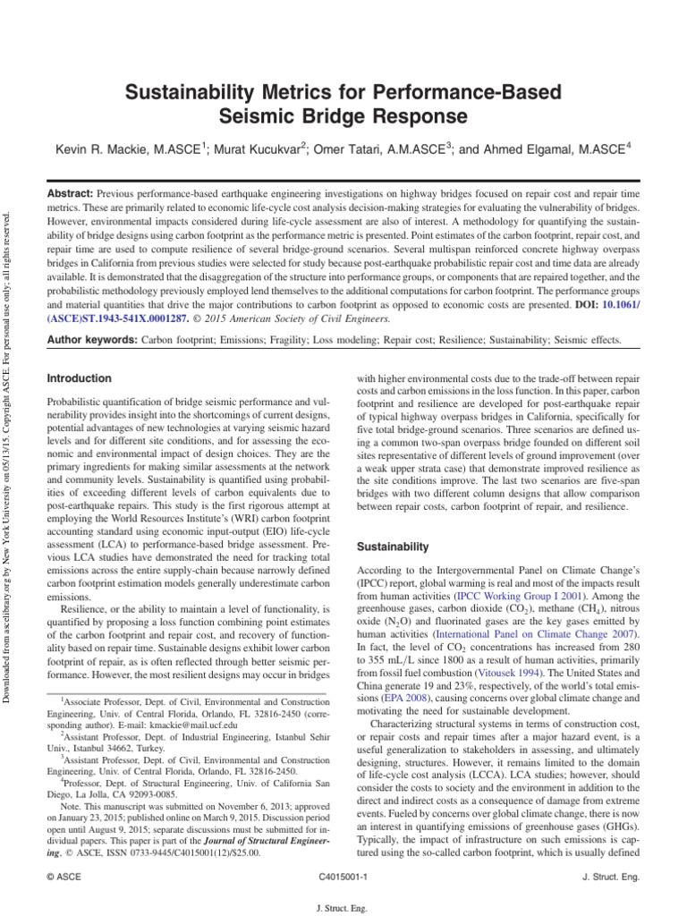 Sustainability Metrics For Performance Based Seismic Bridge Response ... Sustainability Metrics For Performance Based Seismic Bridge Response ...