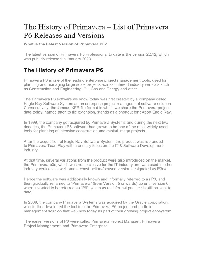 Primavera P6 Version History Overview | PDF | Application Software ...