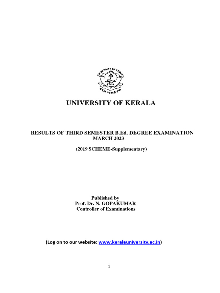 University of Kerala: Results of Third Semester B.Ed. Degree Examination | PDF | Educational ...