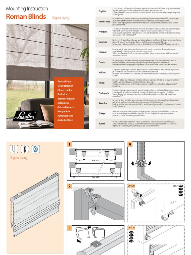 Mounting Instructions Luxaflex Roman Blinds Elegant Living | PDF