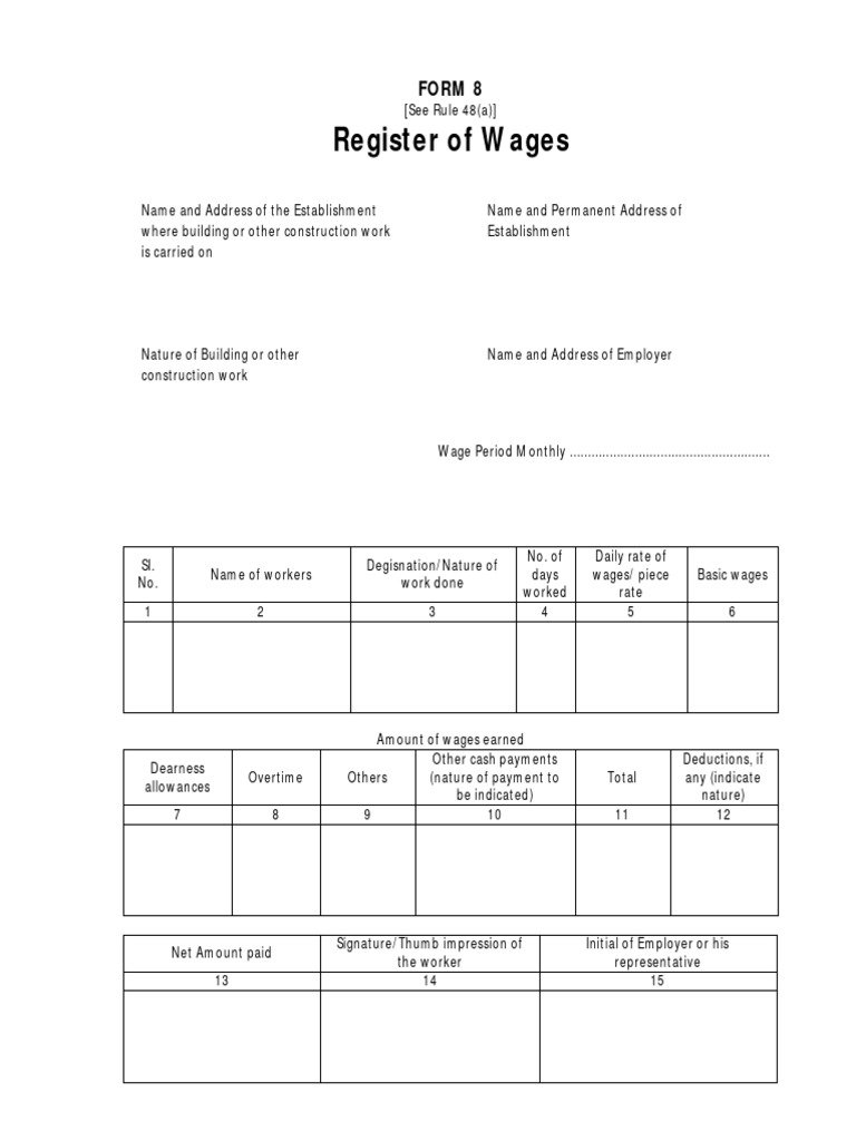 Monthly Wage Register Form 8 | PDF