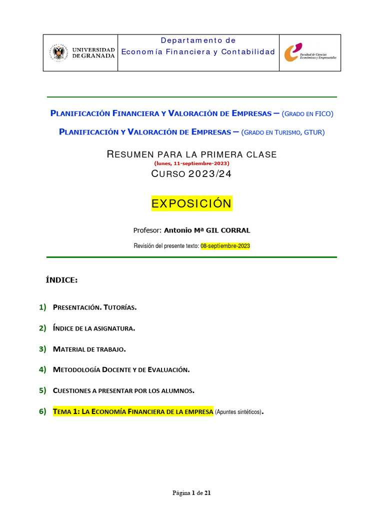 Tema-1 (PyV. FICO-GTUR) - La Economía Financiera de La Empresa. Resumen. Y Exposición 1 Clase 11 ...