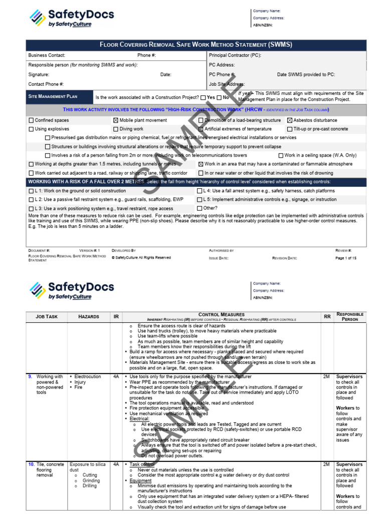 Floor Covering Removal Safe Work Method Statement-SAMPLE | PDF