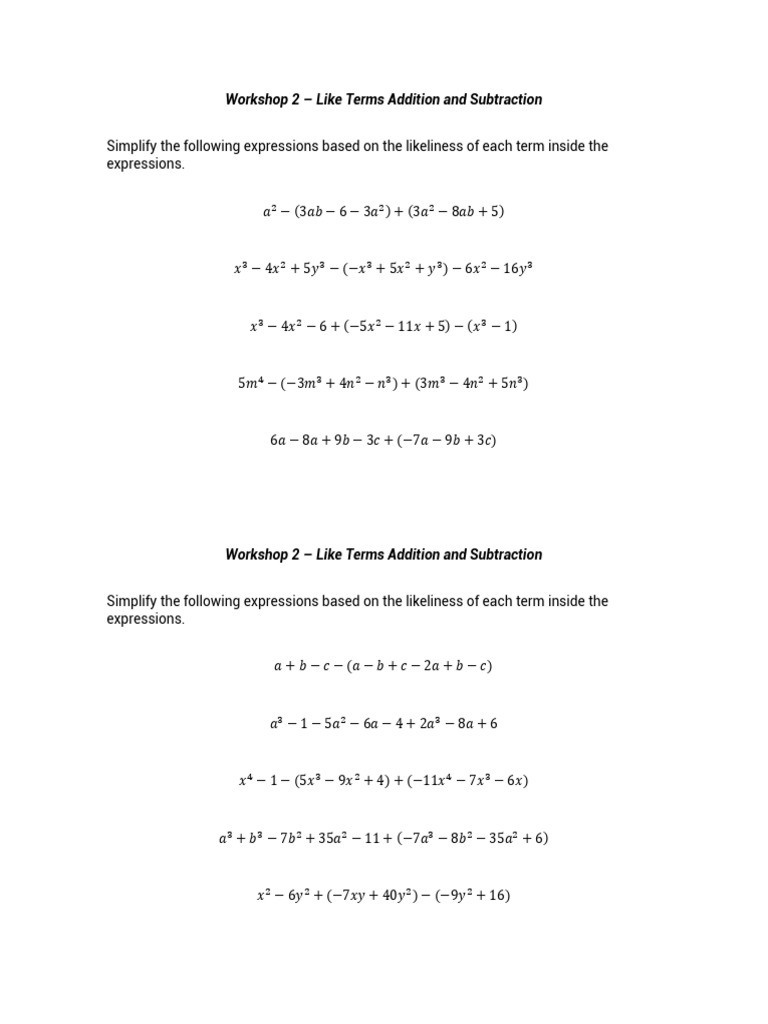 Workshop 2 - Like Terms (Addition and Subtraction) | PDF
