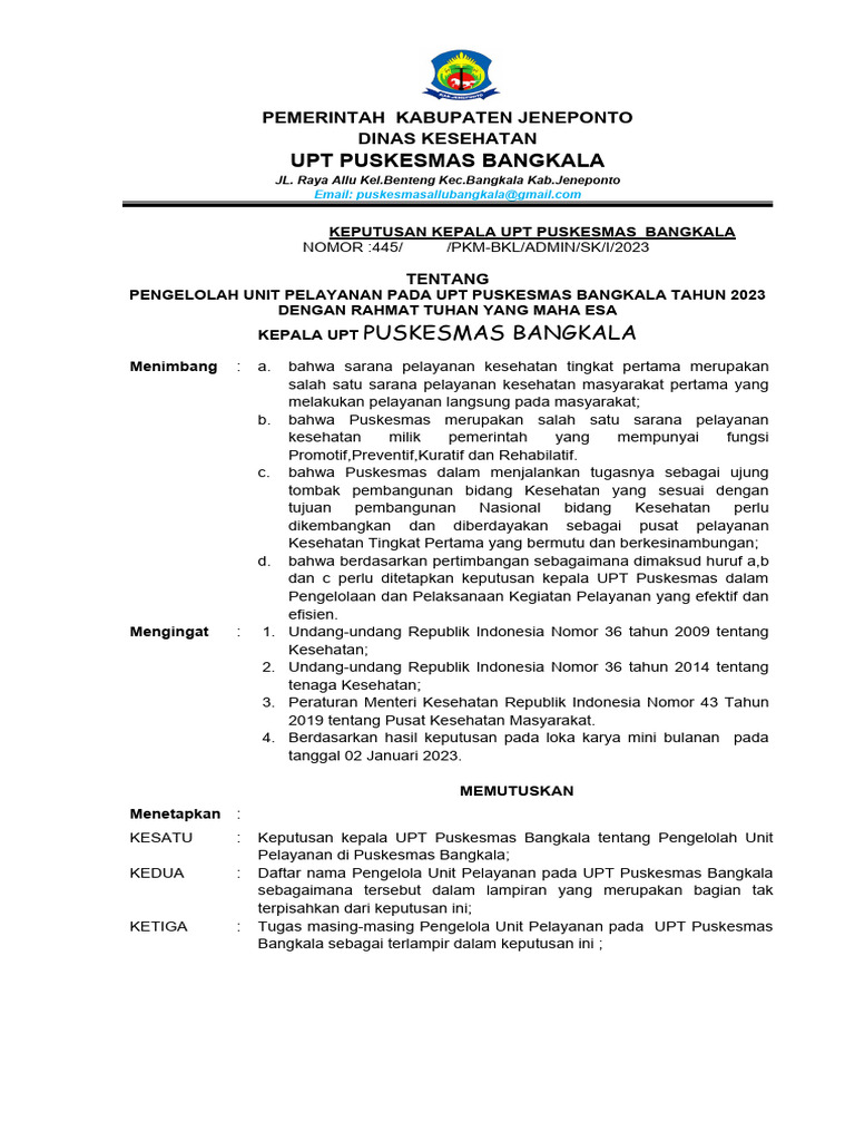 SK Pengelola Unit Pelayanan 2022 BKL Revisi Terbaru | PDF