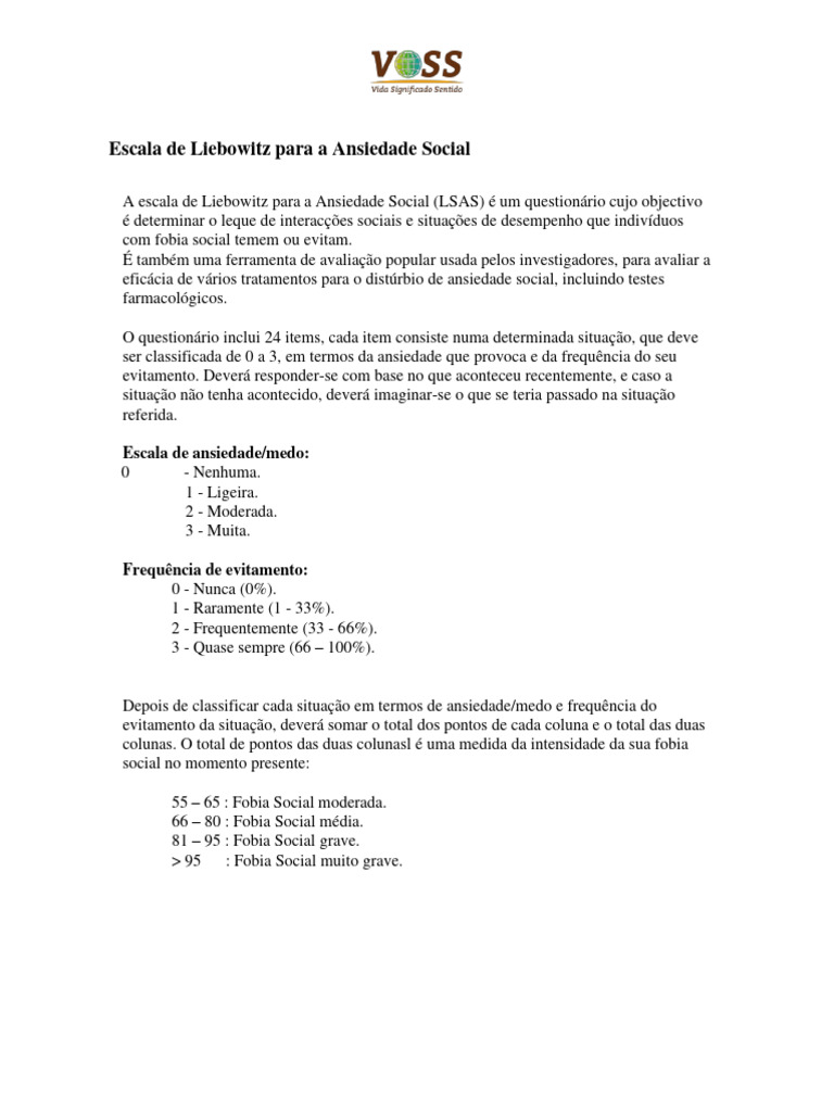 Escala de Liebowitz para Ansiedade Social - MATERIAL EXTRA | PDF | Transtorno de ansiedade ...