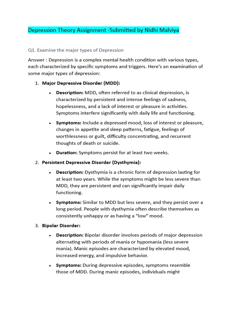 Depression Assignment | PDF | Major Depressive Disorder | Mood Disorders