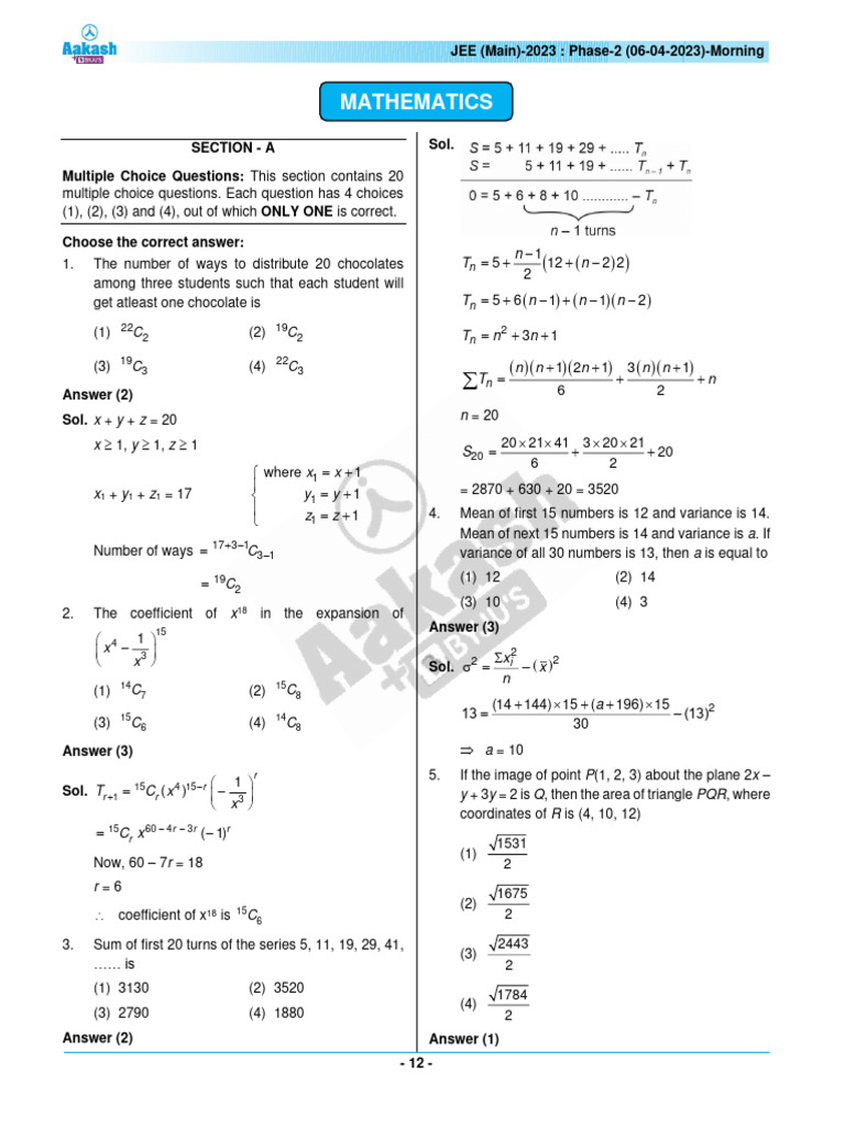 Maths Ans Sol - JEEMain 2023 - PH 2 - 06 04 2023 - Shift 1 | PDF | Mathematical Concepts ...