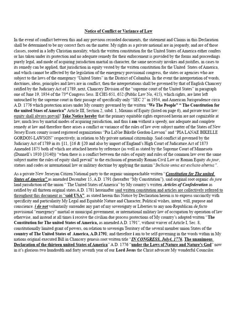 Notice of Conflict or Variance of Law For Bill in Equity | PDF | Equity ...