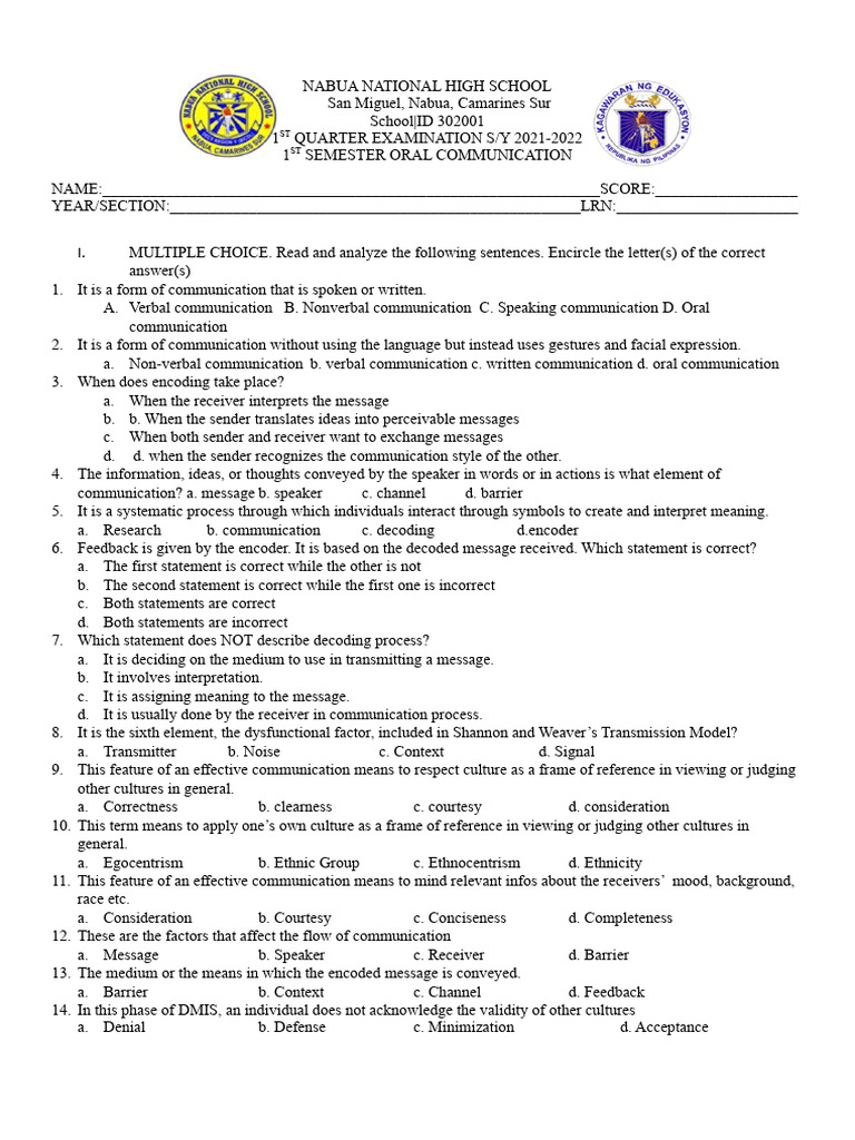 1st Quarter Exam Oral Comm | PDF | Communication | Nonverbal Communication 1st Quarter Exam Oral Comm | PDF | Communication | Nonverbal Communication