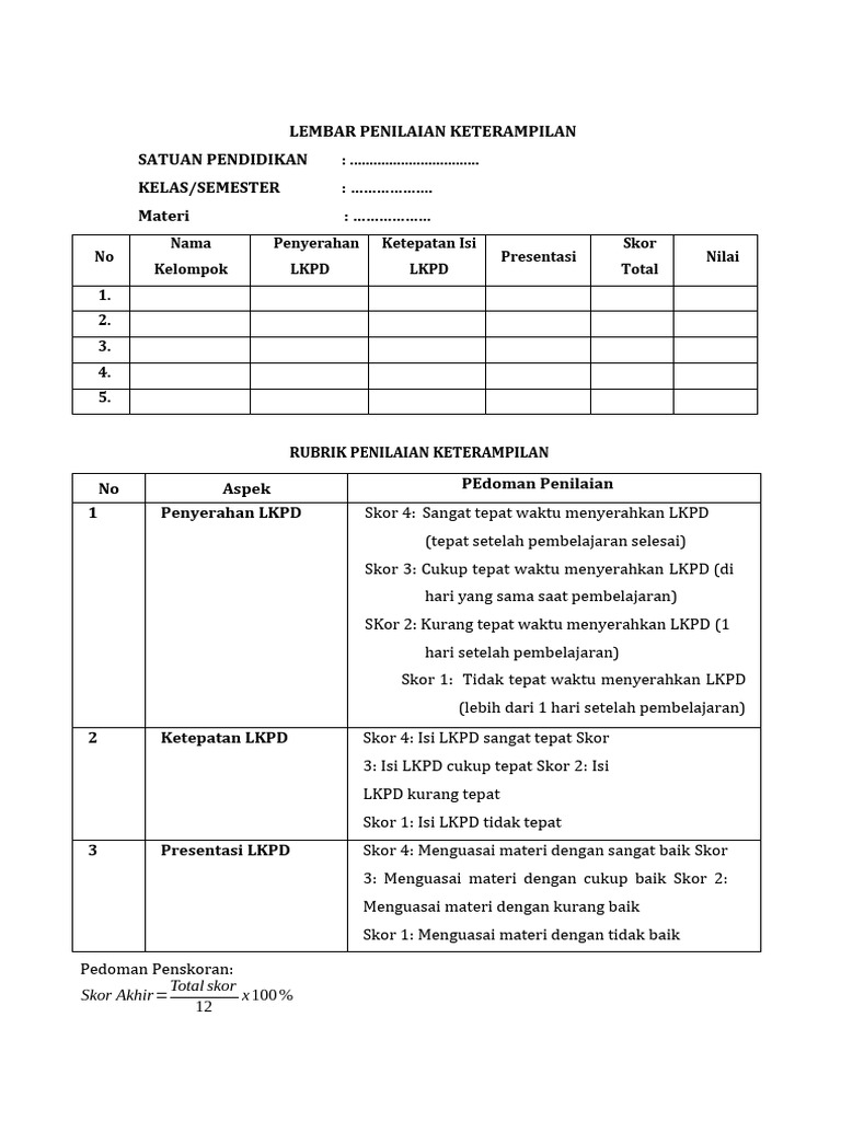 Rubrik Penilaian LKS Atau LKPD | PDF