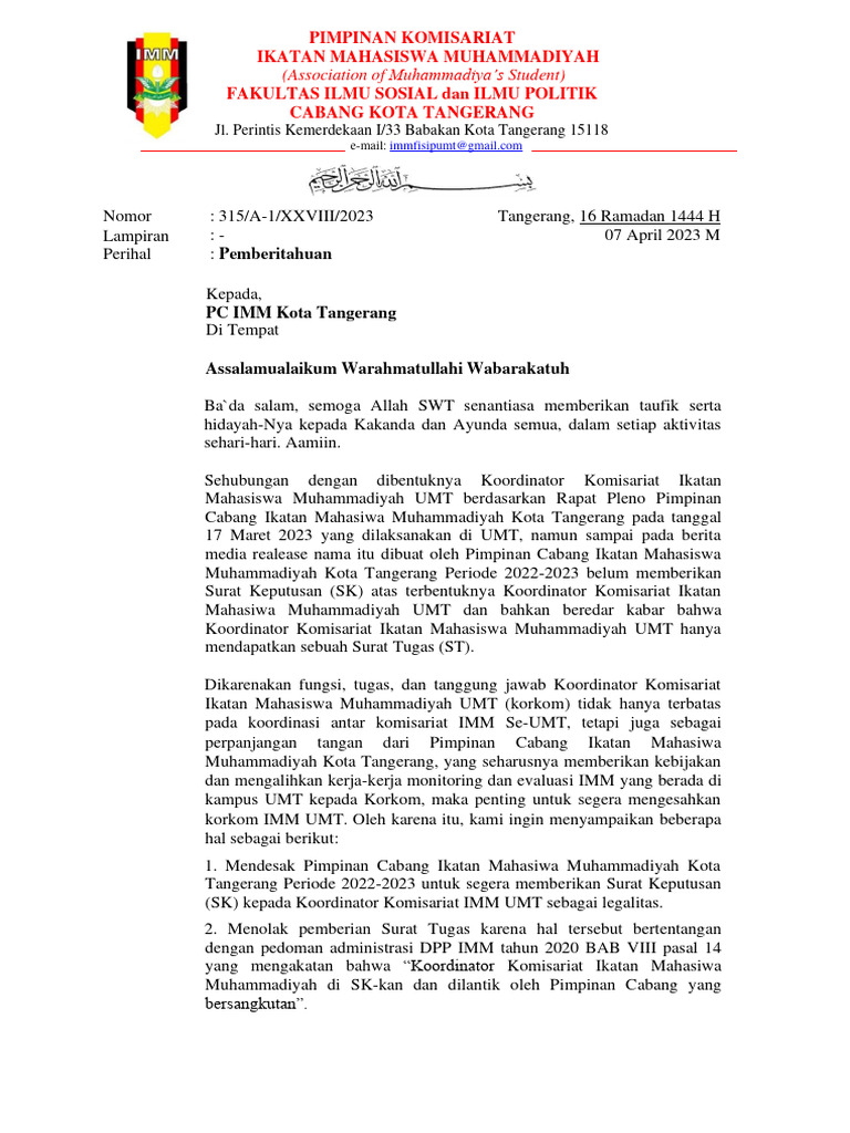 Surat Desakan Fisip SK Korkom IMM UMT. | PDF