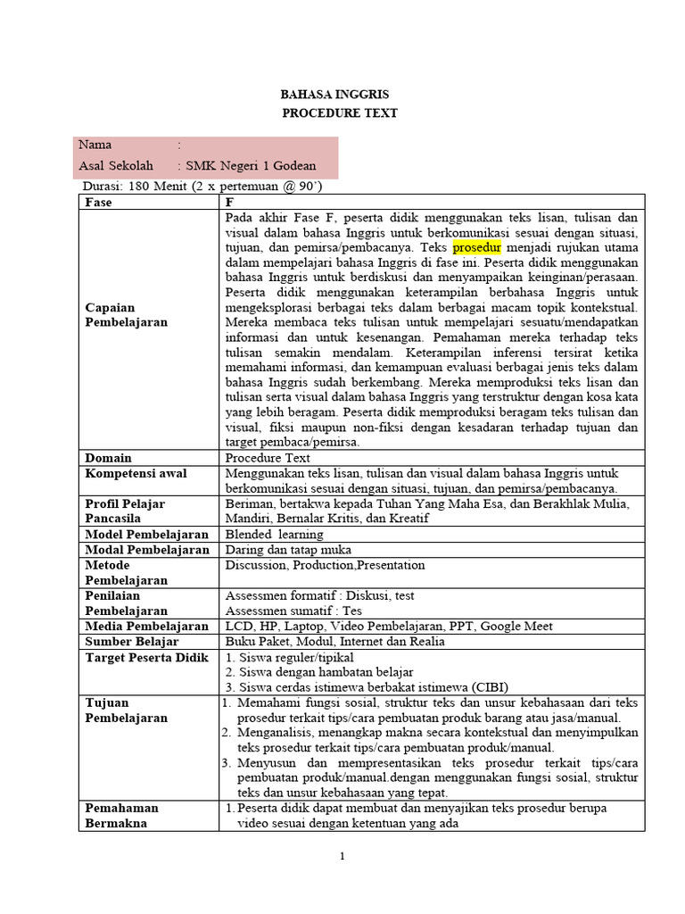 Modul Ajar Dan Asesmen Procedure Text | PDF | Karier & Perkembangan