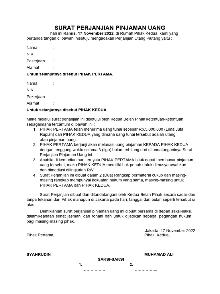 Contoh Surat Perjanjian Pinjaman Uang | PDF