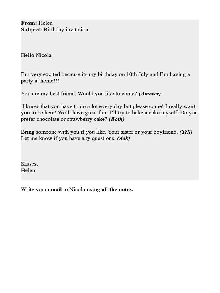 B1 Preliminary PET Email Writing Topic Birthday Invitation PDF | PDF