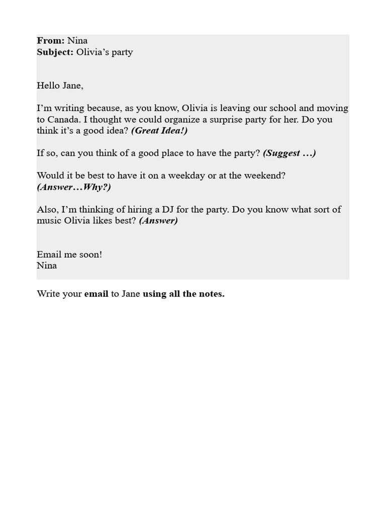 B1 Preliminary PET Email Writing Topic Olivias Party PDF | PDF