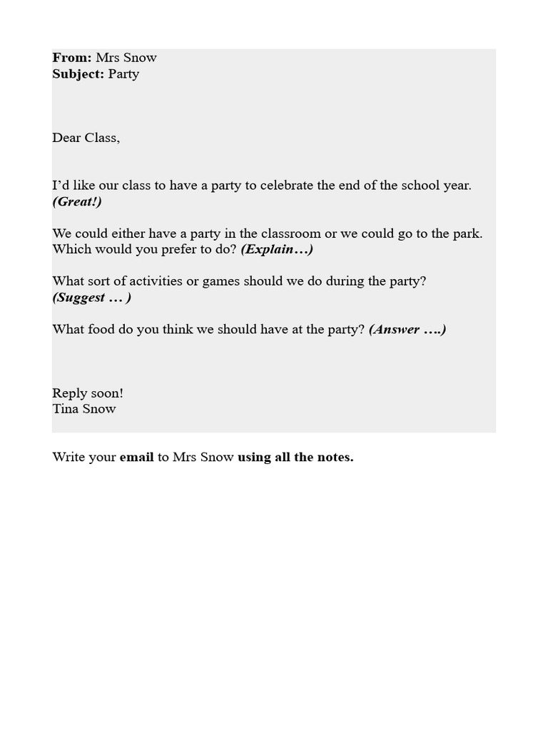 B1 Preliminary PET Email Writing Topic Party PDF | PDF