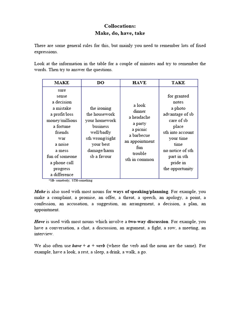 Collocations Make, Do, Have, Take | PDF