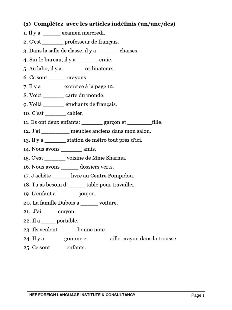 Exercices sur les articles en français | PDF | Nourritures