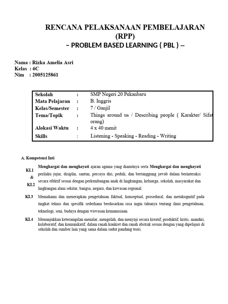Rizka Amelia Asri - RPP Problem Based Learning (PBL) - 2 | PDF