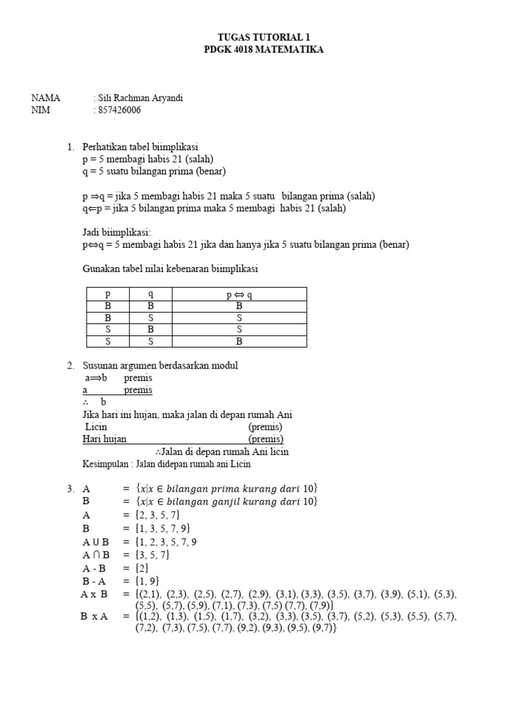 TUGAS TUTORIAL 1 Matematika | PDF