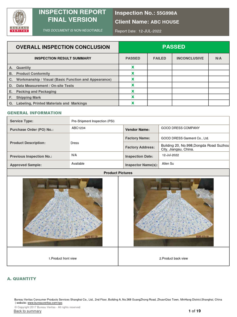 Bureau Veritas Inspec Pre Shipment Inspection Sample Report Compressed ...
