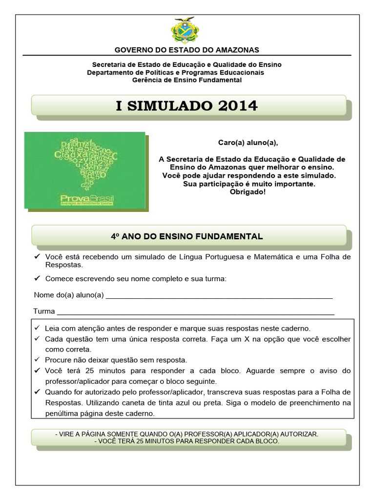 Simulados 4 Ano de Português e Matemática Ensino Fundamental Modelo 01 | PDF
