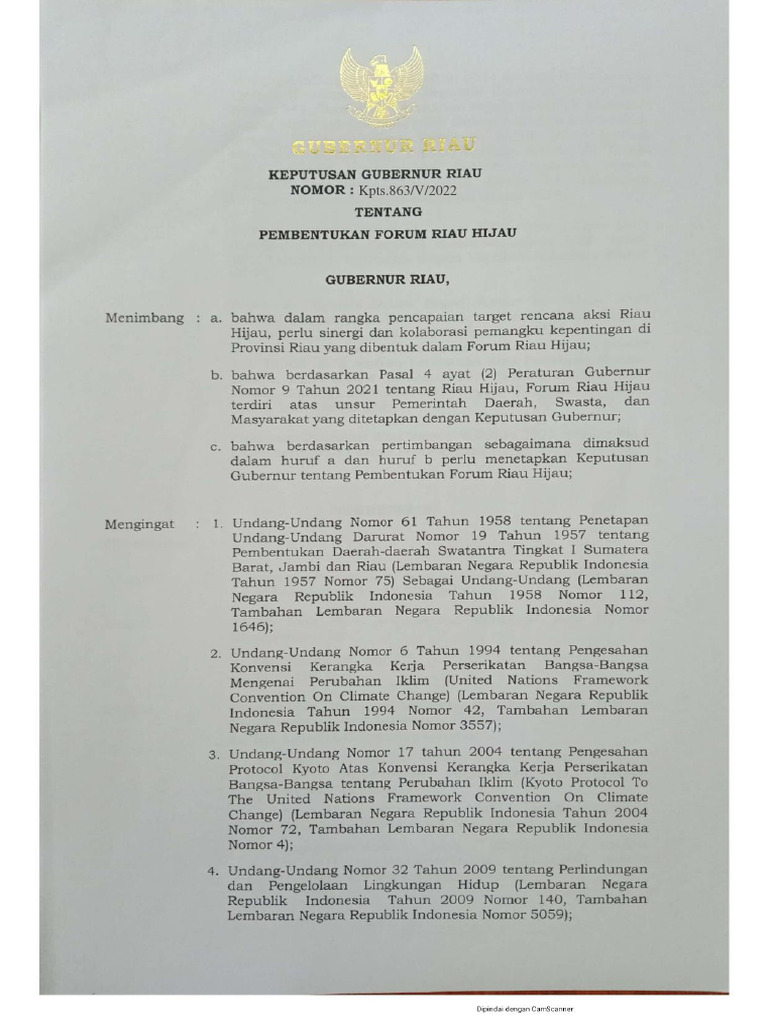 SK Gub No. 863 Tahun 2022 Forum Riau Hijau | PDF