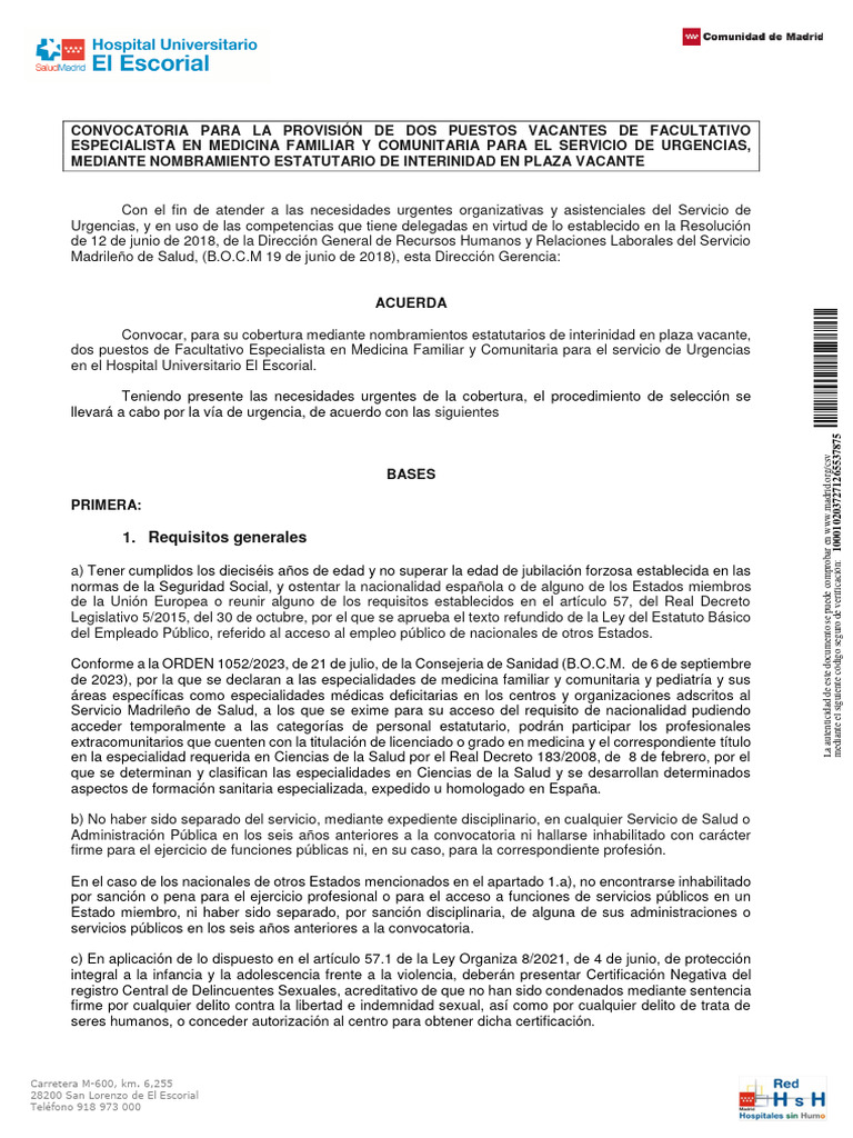Boletín de Convocatorias Específicas Del Sermas (30 de Octubre de 2023) | PDF