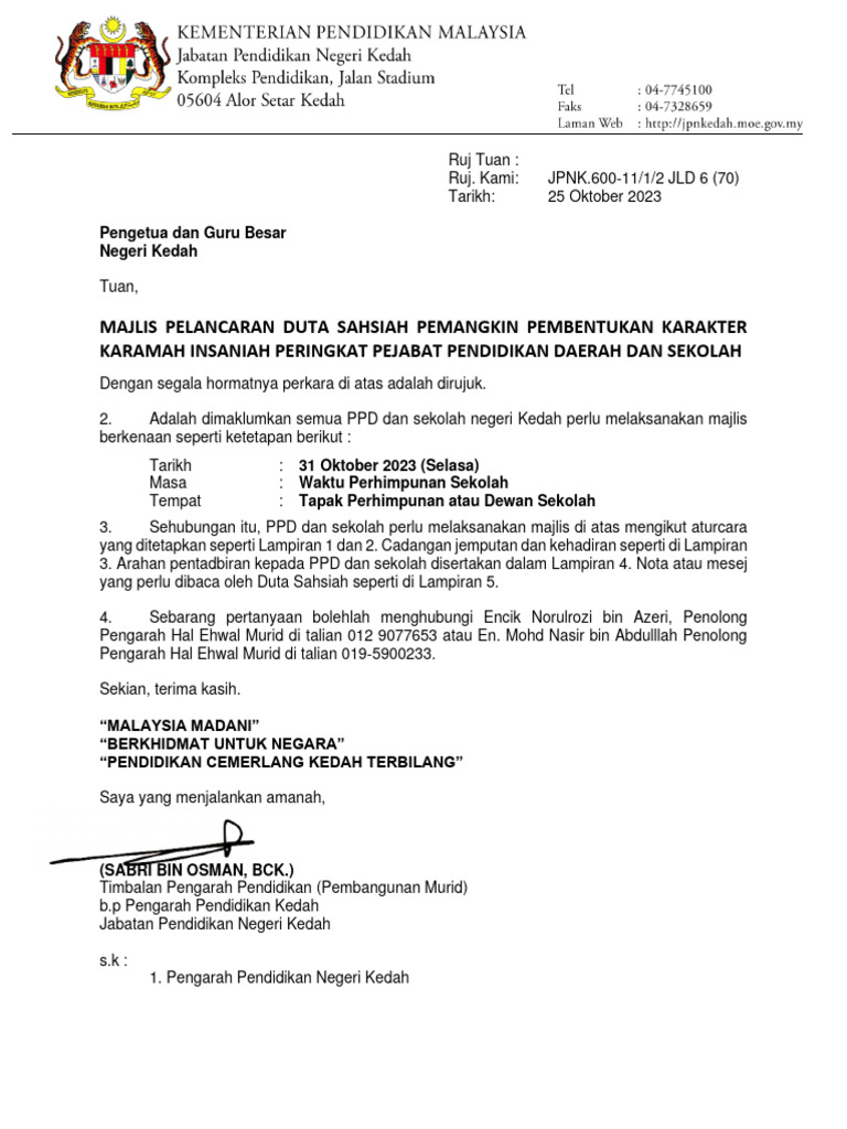 Surat Makluman Sekolah Dan PPD Laksana Program Duta Sahsiah | PDF
