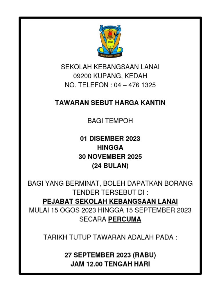 Iklan Tender Kantin SK Lanai | PDF