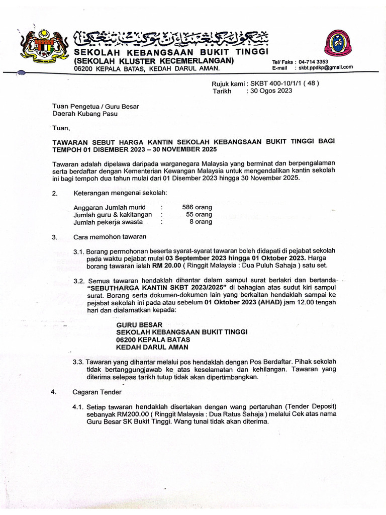 Tawaran Sebut Harga Kantin SK Bukit Tinggi | PDF