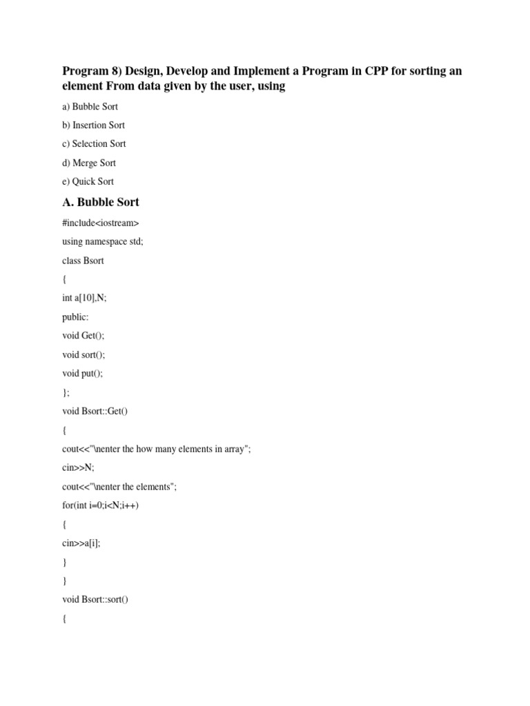 Program 8) Design, Develop and Implement A Program in CPP For Sorting An Element From Data Given ...