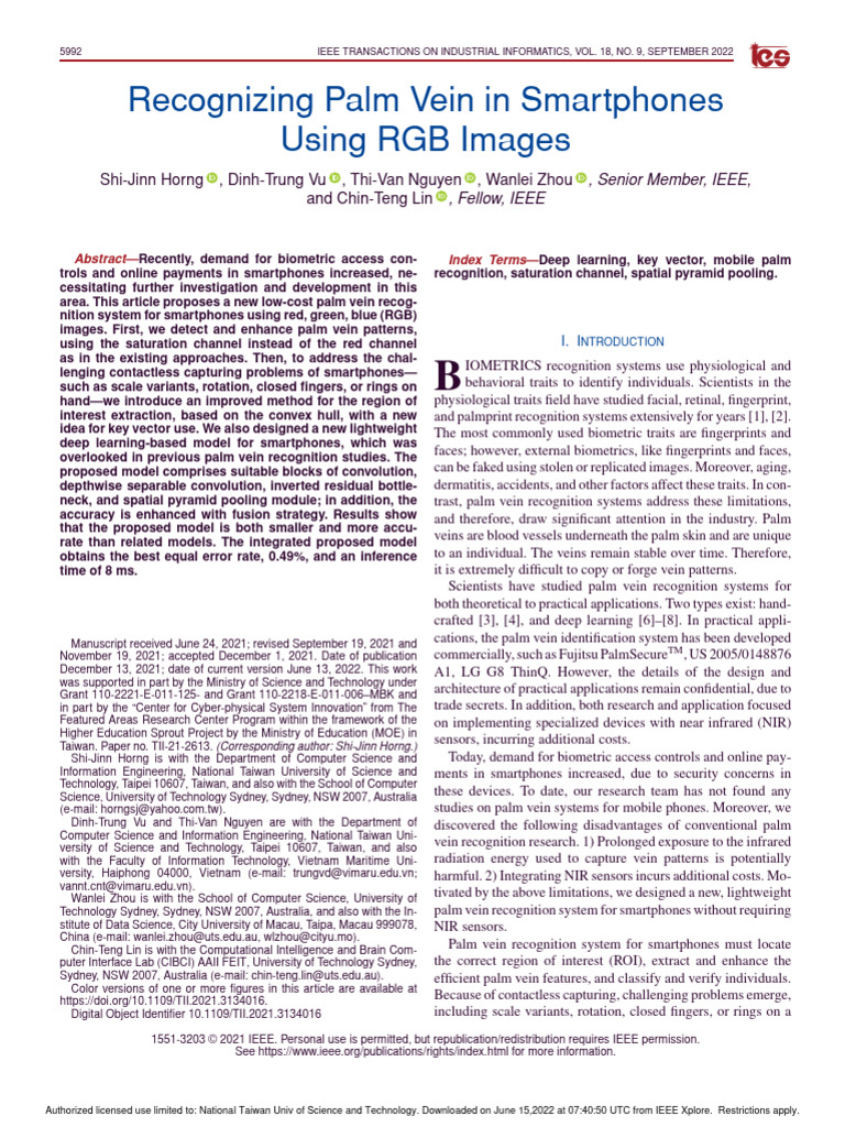 Recognizing Palm Vein in Smartphones Using RGB Images | PDF | Deep ...