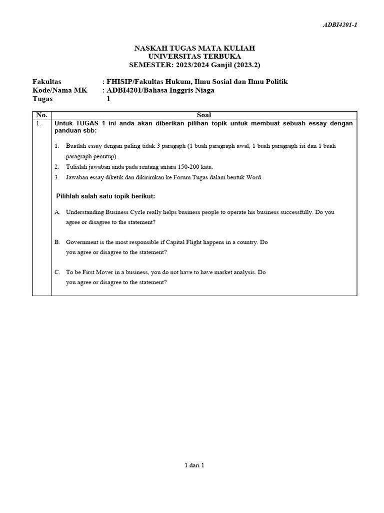 Tugas Essay ADBI4201: Topik dan Panduan | PDF | Karier & Perkembangan ...