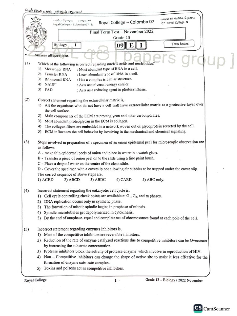 Royal College Biology 3rd Term Test Paper 2022 Grade 13 E | PDF