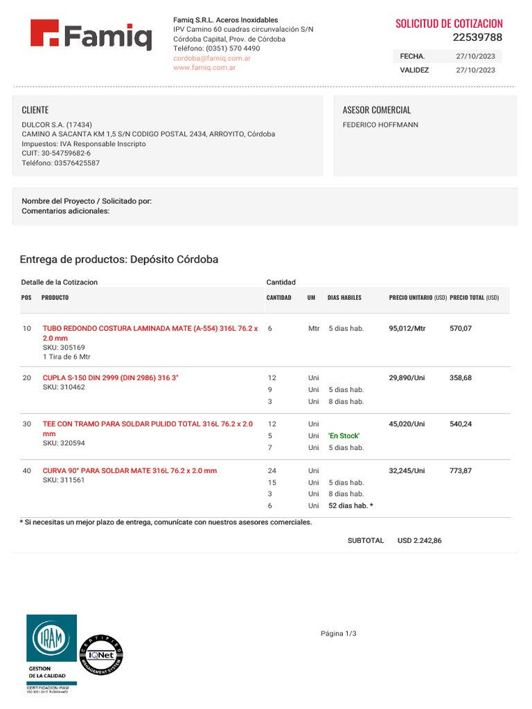Cotizacion Famiq - Toberas Torre Enfriamiento | PDF | Dólar de los ...
