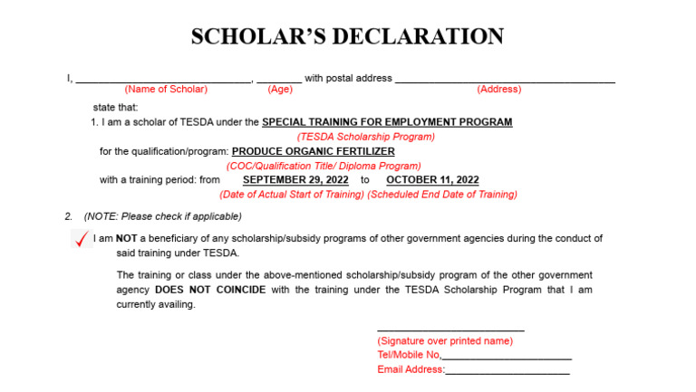 TESDA Scholar Declaration Form | PDF | Finance & Money Management