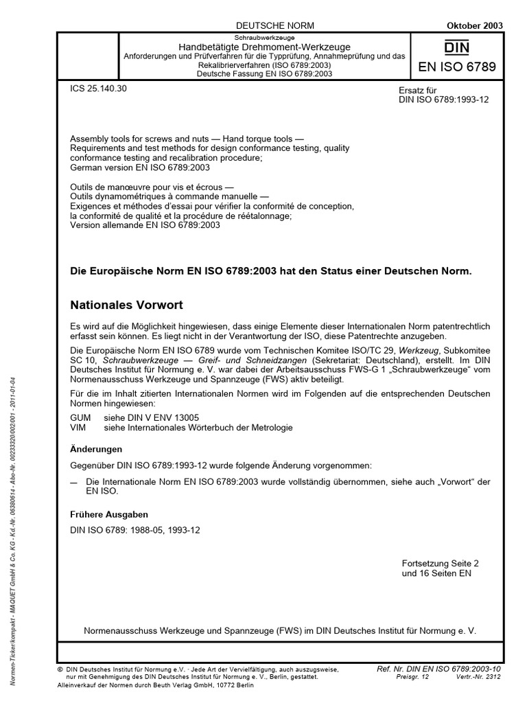 DIN en ISO 6789 2003-10 Drehmoment-Schraubwerkzeuge | PDF