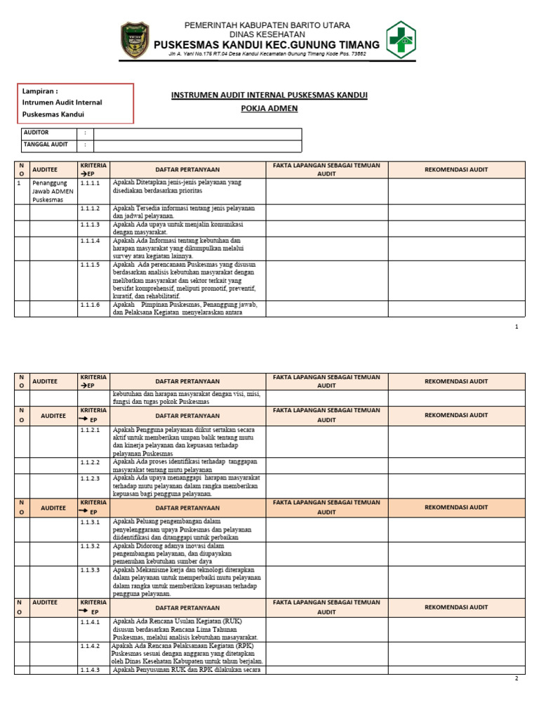 Instrumen Audit Internal Admen I | PDF