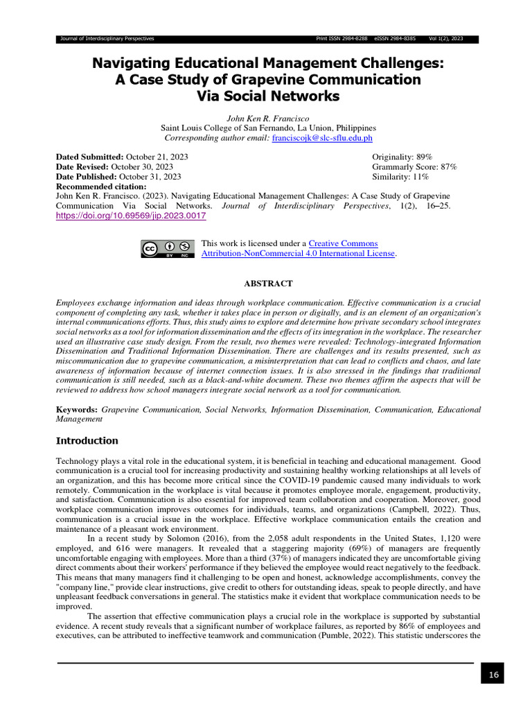 Navigating Educational Management Challenges A Case Study of Grapevine Communication Via Social ...
