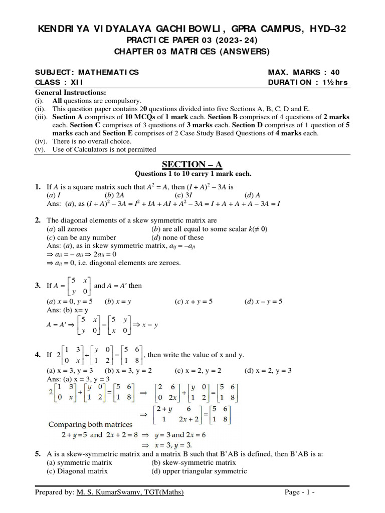Maths Class Xii Chapter 03 Matrices Practice Paper 03 Answers ... Maths Class Xii Chapter 03 Matrices Practice Paper 03 Answers ...