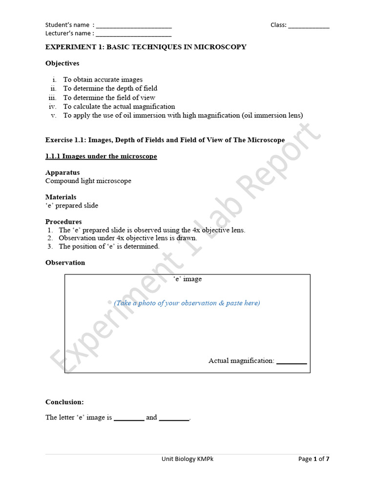 Lab Report Template - Exp1 SB015 2022 - Student's | PDF | Microscope | Optics