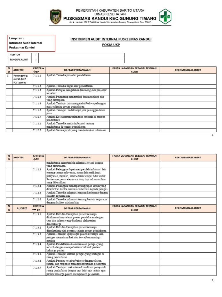 Instrumen Audit Internal Ukp Vii | PDF