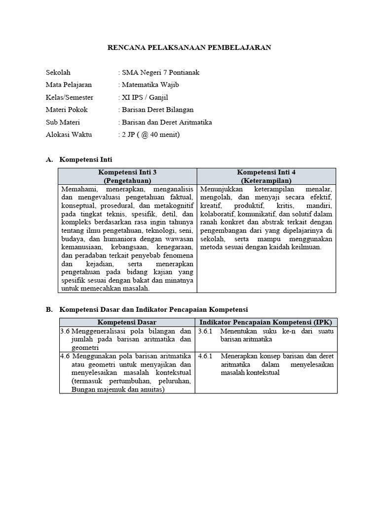 Contoh RPP Barisan Aritmatika (Penilaian) | PDF | Karier & Perkembangan
