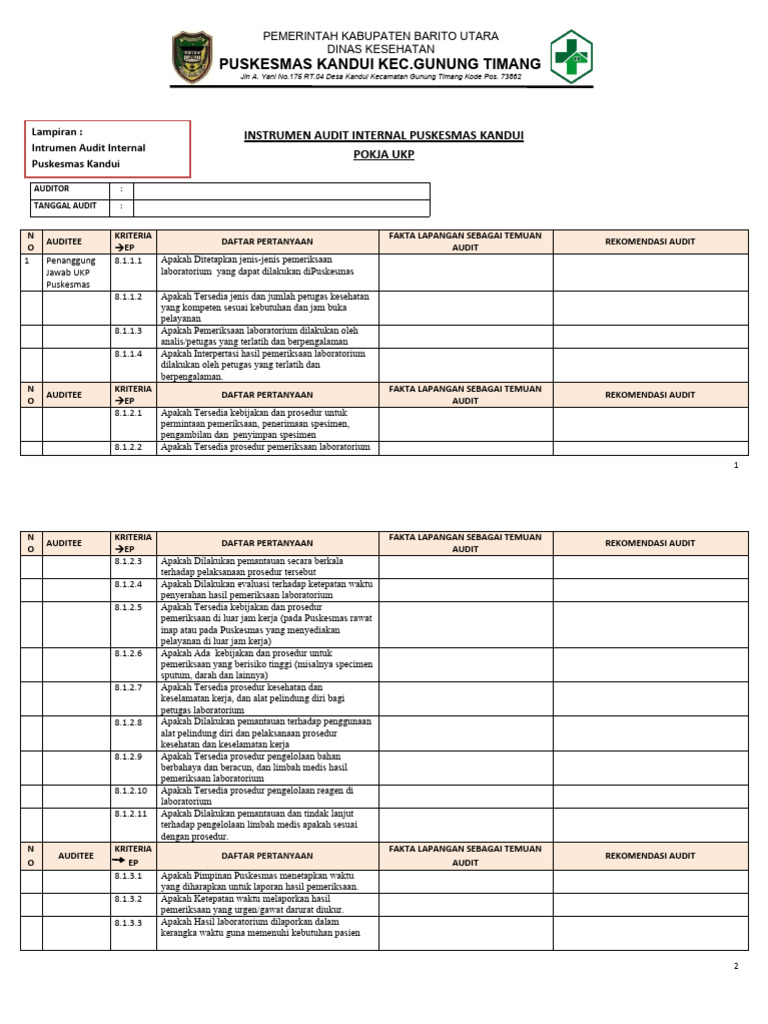Instrumen Audit Internal Ukp Viii | PDF